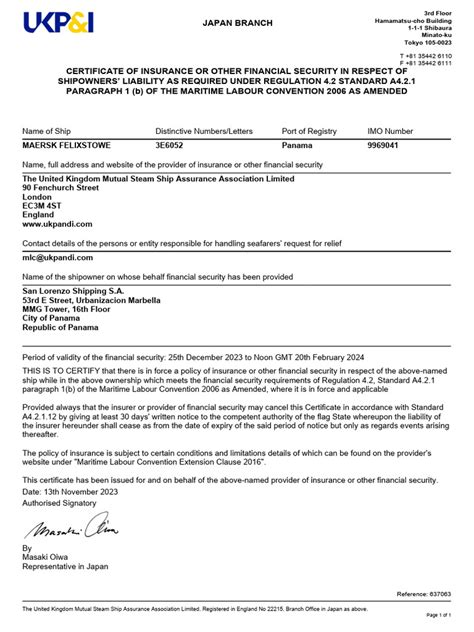 Maersk Felixstowe Mlc Certificate 4 2 1 Pdf Insurance