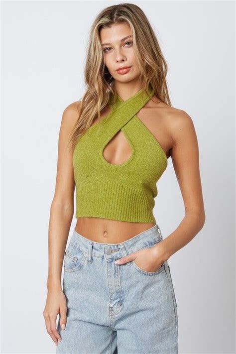 Evangeline Knit Criss Cross Halter Top Lime Criss Cross Halter Top