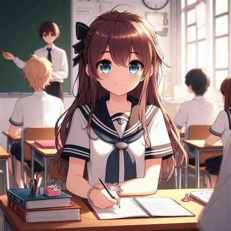 Anime Schoolgirl In Class Premium Ai Generated Image