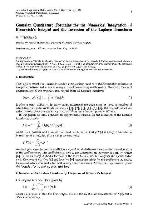 Pdf Gaussian Quadrature Formulas For The Numerical Inversion Of The