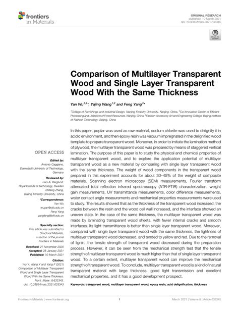 PDF Comparison Of Multilayer Transparent Wood And Single Layer Transparent Wood With The Same