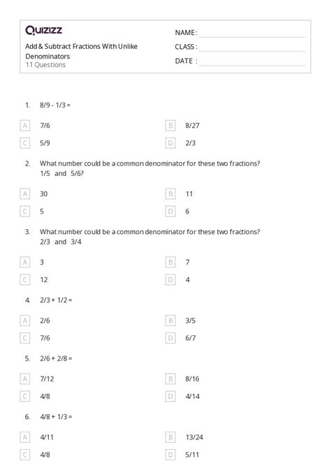 50 Subtracting Fractions With Unlike Denominators Worksheets For 8th