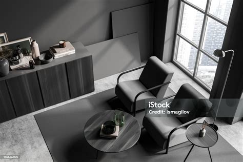 창문 근처 안락의자가 있는 어두운 편안한 객실 인테리어의 최고 전망 0명에 대한 스톡 사진 및 기타 이미지 0명 3차원 형태 가정의 방 Istock