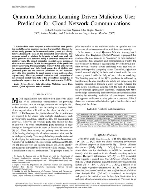 Pdf Quantum Machine Learning Driven Malicious User Prediction For Cloud Network Communications