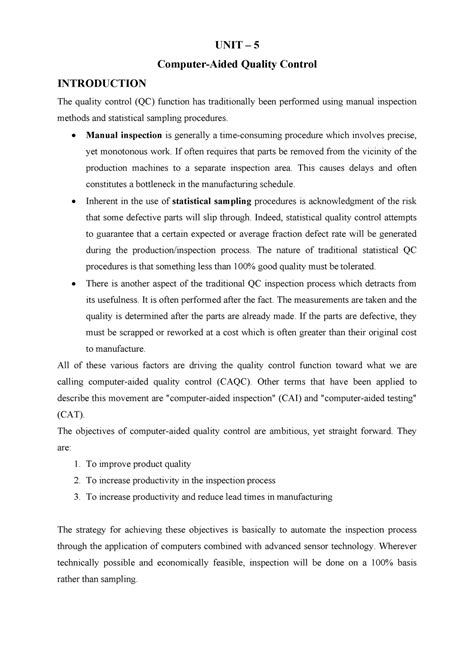 Computer Aided Design Computer Aided Quality Control Unit 5