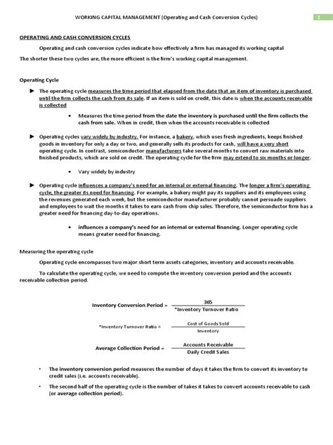 Operating And Cash Conversion Cycles Pdf Inventory Working Capital