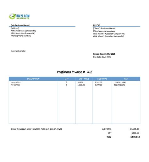 Free Proforma Invoice Maker For Australia PDF
