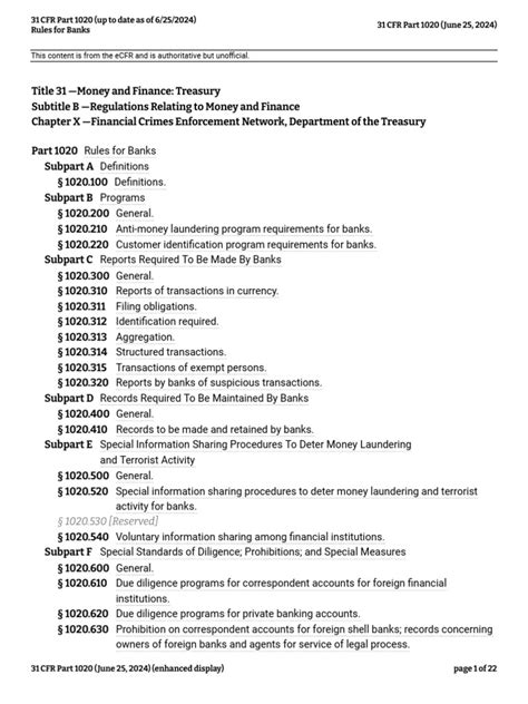 31 Cfr Part 1020 Up To Date As Of 6 25 2024 Pdf Banks