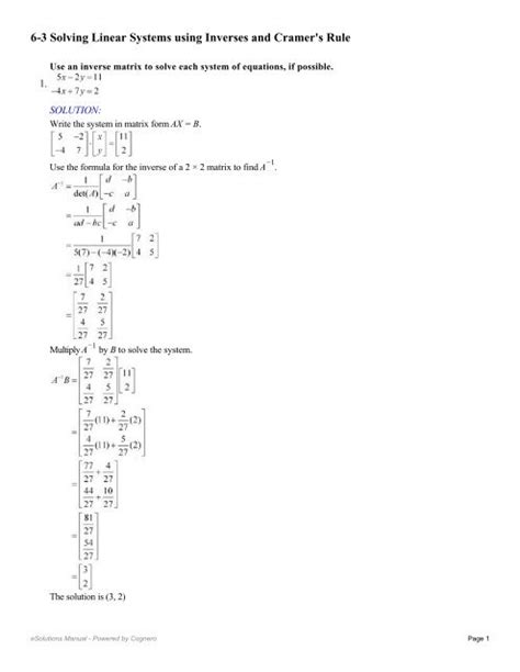 6 3 Solving Linear Systems Using Inverses And Cramers Rule Page 392 1