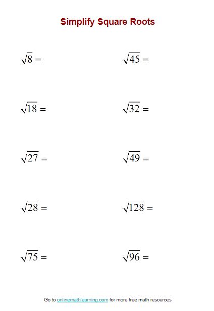 Simplify Square Root Worksheets Printable Online Answers Examples