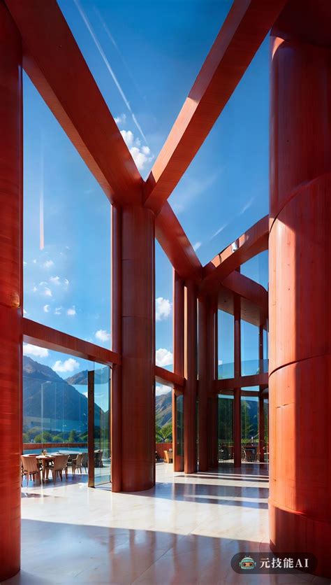 Ai提示词：这座建筑是一座现代杰作，融合了高科技建筑和周围的自然美景。其时尚、棱角分明的设计辅以温暖、诱人的调色板，灵感来自北欧美学。充气材料和解构主义风格元素的使用为原本的功能空间增添了惊喜