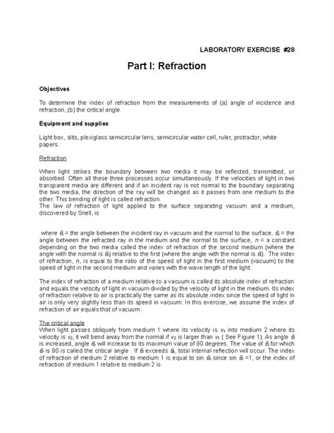 LAB Refraction With Data Sheet LABORATORY EXERCISE Part I Refraction Objectives To