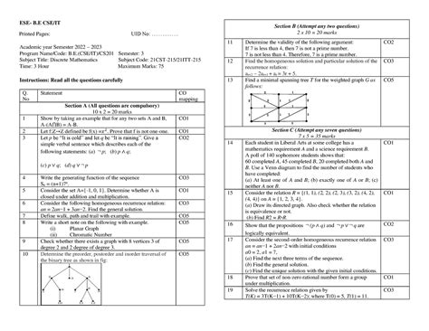 Discrete Mathematics Sample Est Ese B Cseit Printed Pages Uid No Academic