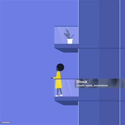 건물 발코니 측면 보기입니다 테라스에 흑인 여성 캐릭터 서입니다 부동산 개발입니다 아키텍처입니다 평면 편집 가능한 벡터 일러스트 레이 션 클립 아트 아파트에 대한 스톡 벡터