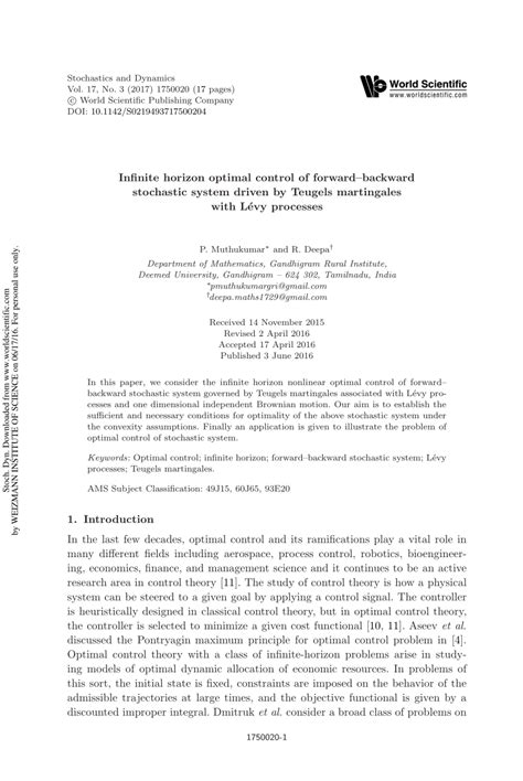 Pdf Infinite Horizon Optimal Control Of Forward Backward Stochastic System Driven By Teugels