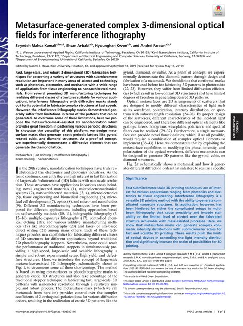 Pdf Metasurface Generated Complex 3 Dimensional Optical Fields For Interference Lithography