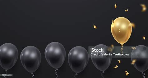 사실적인 검은색 금색 풍선과 리본이 있는 배너 구불구불한 모양 카드 파티 디자인 전단지 포스터 장식 배너 웹 광고에 대 한 벡터 일러스트 레이 션 3차원 형태에 대한 스톡