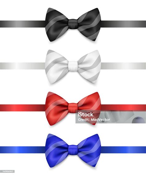 벡터 3d 현실적인 줄무늬 빨강 파랑 흰색 검은 활 넥타이 아이콘 세트 근접 촬영 절연 실크 글로시 보티 티 넥타이 신사 모형