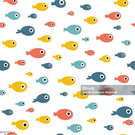 작은 물고기 떼 간단한 스칸디나비아 스타일의 벡터 원활한 패턴 제한된 팔레트의 손으로 그린 만화 일러스트는 직물 포장 등에 인쇄하는 데 이상적입니다 0명에 대한 스톡 벡터