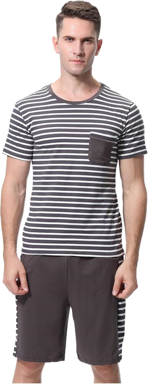 Iclosam Pyjama Homme été 100 Coton Pyjama Homme Court Doux à Rayures Ensemble De Pyjama Haut Et