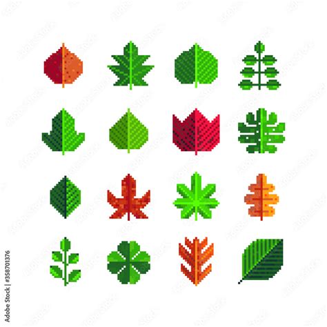 Leaves Of Tree Pixel Art Bit Style Icons Set Different Types Isolated Vector Illustration