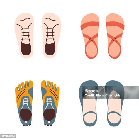 다양한 라이프스타일을 위한 맨발 신발 미니멀리스트 신발 종류 손으로 그린 세트 발가락 신발의 낙서 아이콘 스포츠 스니커즈 샌들에 대한 스톡 벡터 아트 및 기타 이미지