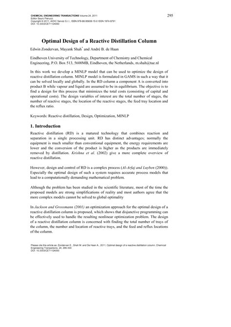 Pdf Optimal Design Of A Reactive Distillation Column