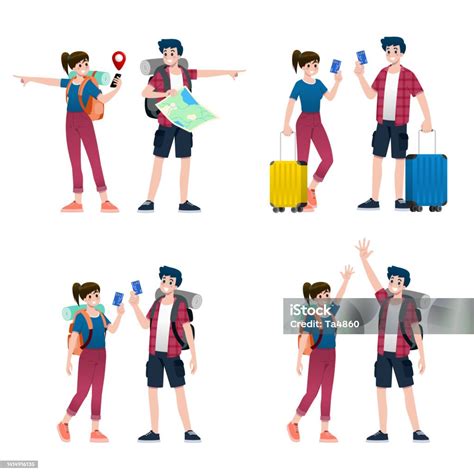 젊은 행복한 남자와 여자 관광객 플랫 만화 캐릭터 여름 휴가 여행에서 남성과 여성 사람들을 여행하는 전 세계 흰색 배경에 고립 관광에 대한 스톡 벡터 아트 및 기타 이미지