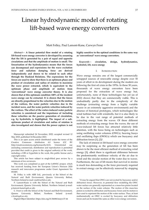 Pdf A Linear Hydrodynamic Model Of Rotating Lift Based Wave Energy Converters