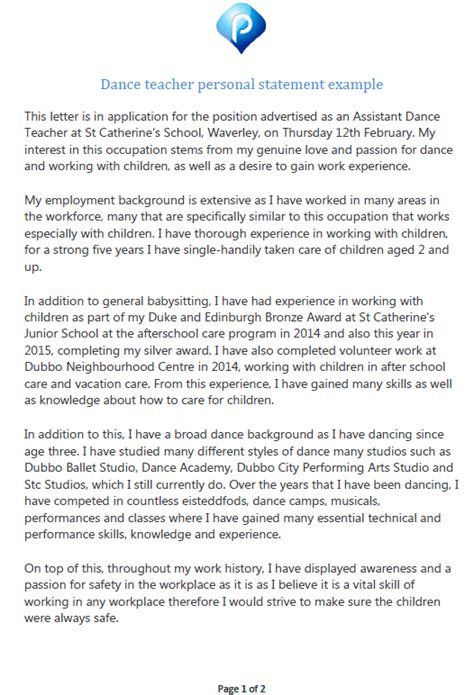 Dance Teacher Personal Statement Example In Word