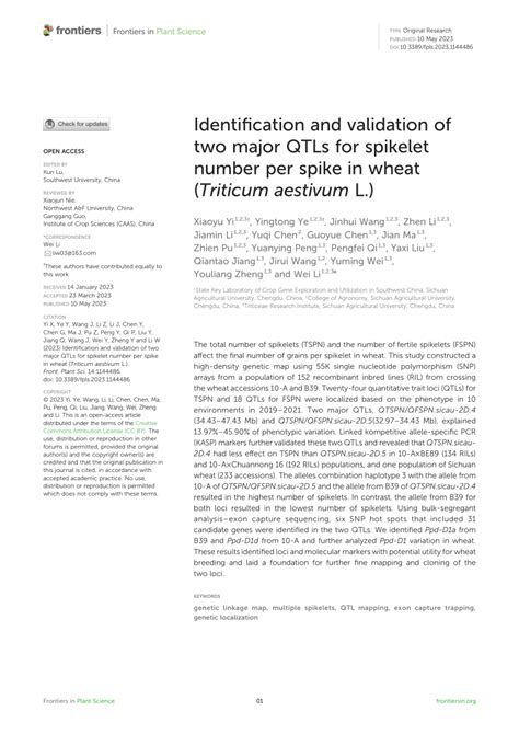 Pdf Identification And Validation Of Two Major Qtls For Spikelet Number Per Spike In Wheat