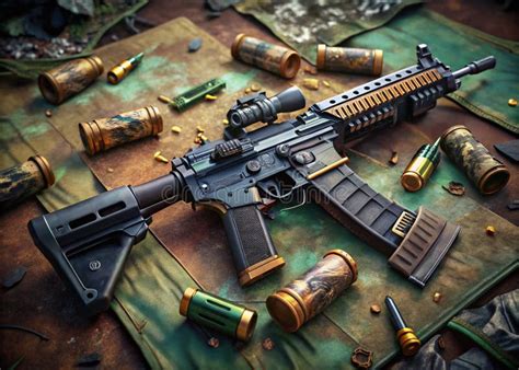 Highangle Drone View Of Military Equipment Camouflage Uniform Assault Rifle Ammunition And Gear