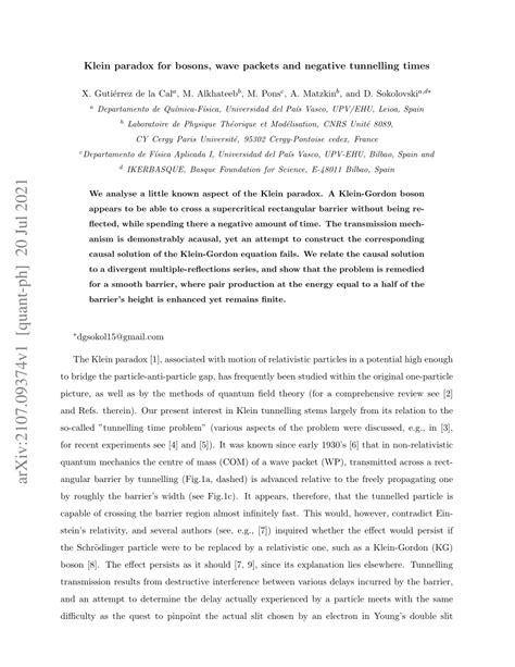 Pdf Klein Paradox For Bosons Wave Packets And Negative Tunnelling Times