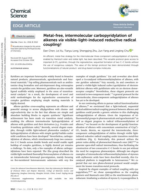 Pdf Metal Free Intermolecular Carbopyridylation Of Alkenes Via Visible Light Induced