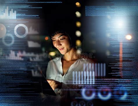 Overlay Analytics And Information Technology With A Woman Programmer Working In A Dark Office