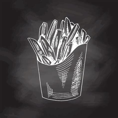 프렌치 프라이 튀긴 감자 검정 칠판에 흰색 스케치 에코 푸드 프리미엄 벡터
