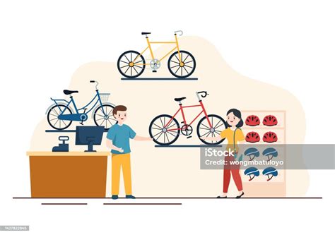 구매자와 자전거 가게 사람들은 템플릿에서 승마를위한 사이클 액세서리 또는 기어 장비를 선택하는 손으로 그린 만화 플랫 일러스트 레이 션 자전거 타기에 대한 스톡 벡터 아트