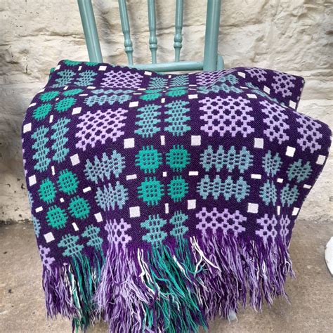 Vintage Welsh Tapestry Blanket In Purple Lilac And Teal Green King Size