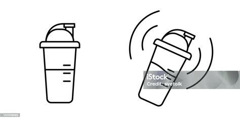 흰색 배경에 고립 된 단백질 칵테일 셰이커 스탠딩 및 흔들림 모션 프로세스 블렌더 컵 편집 가능한 스트로크가 있는 선형 아이콘의
