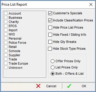 Price List Report Dialog Khaos Control Support