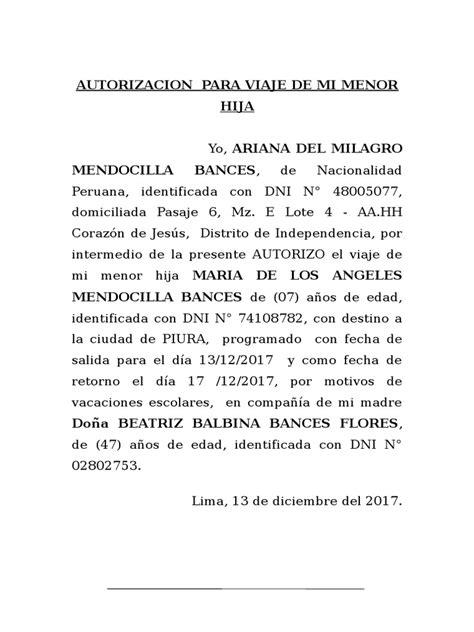 Modelo De Carta De Autorizacion Para Viajar Con Menor Word