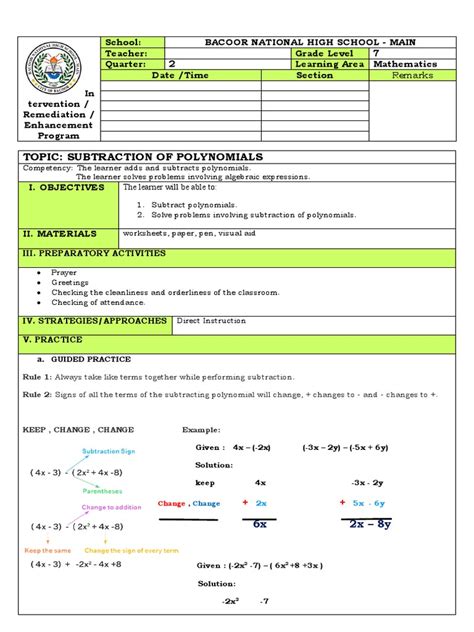 Q2 Intervention 3 Subtraction Of Polynomials Pdf Polynomial Learning