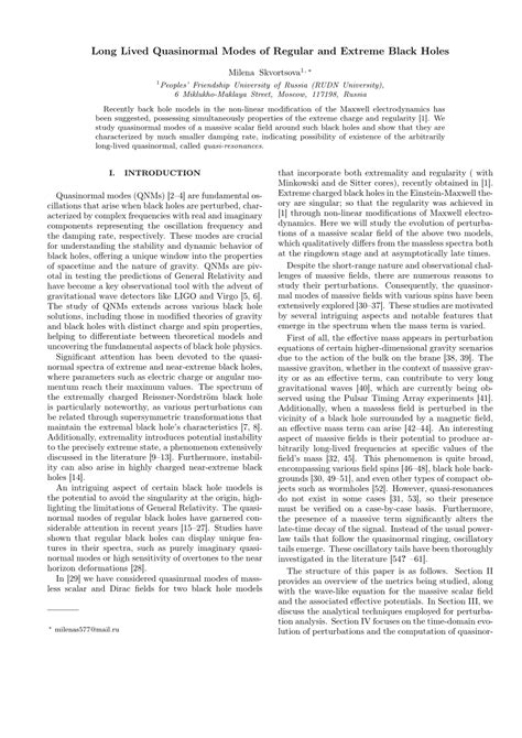 Pdf Long Lived Quasinormal Modes Of Regular And Extreme Black Holes