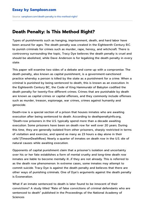 ≫ Death Penalty Is This Method Right Free Essay Sample On