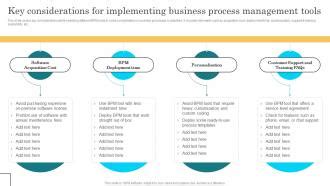 Key Considerations For Implementing Business Bpm Lifecycle Implementation Process PPT Template