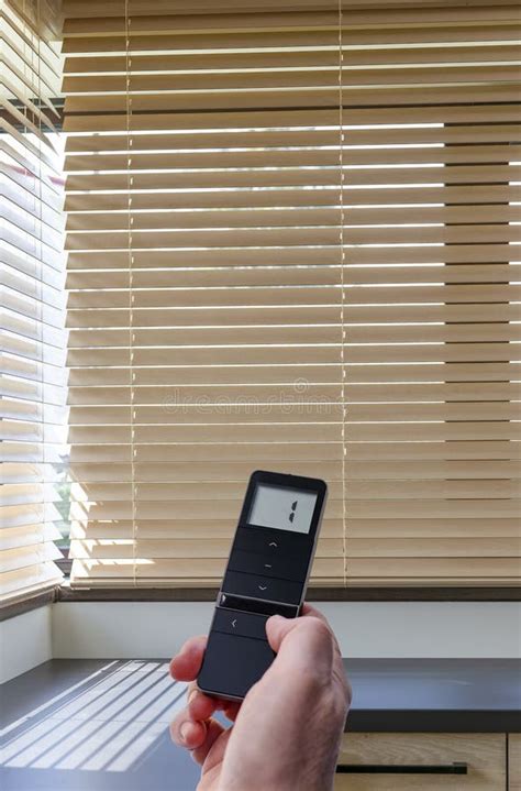 Electric Wood Blinds Operating With Control Panel Stock Image Image