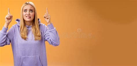 Worried Perplexed Unsure Cute Blond Woman Presenting Project Standing Awkward Afraid Humiliation