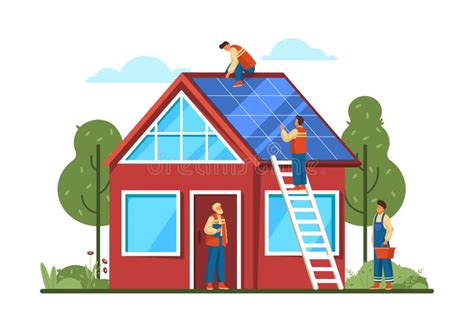 Workers Installing Solar Panels Roof Stock Illustrations 4 Workers Installing Solar Panels