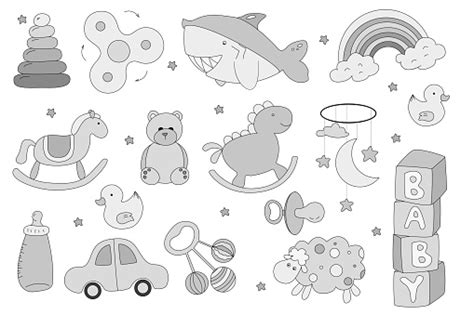 어린이 장난감의 벡터 일러스트 어린이 용 액세서리 의 스케치 세트 어린이 장난감은 손에서 가져온 것입니다 설계를 위한 벡터 0명에 대한 스톡 벡터 아트 및 기타 이미지