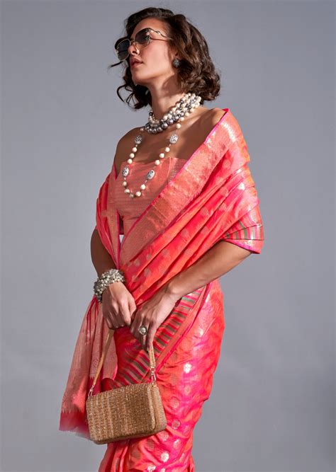 Shop Banarasi Silk Red Orange Bridal Saree Online India For Wedding